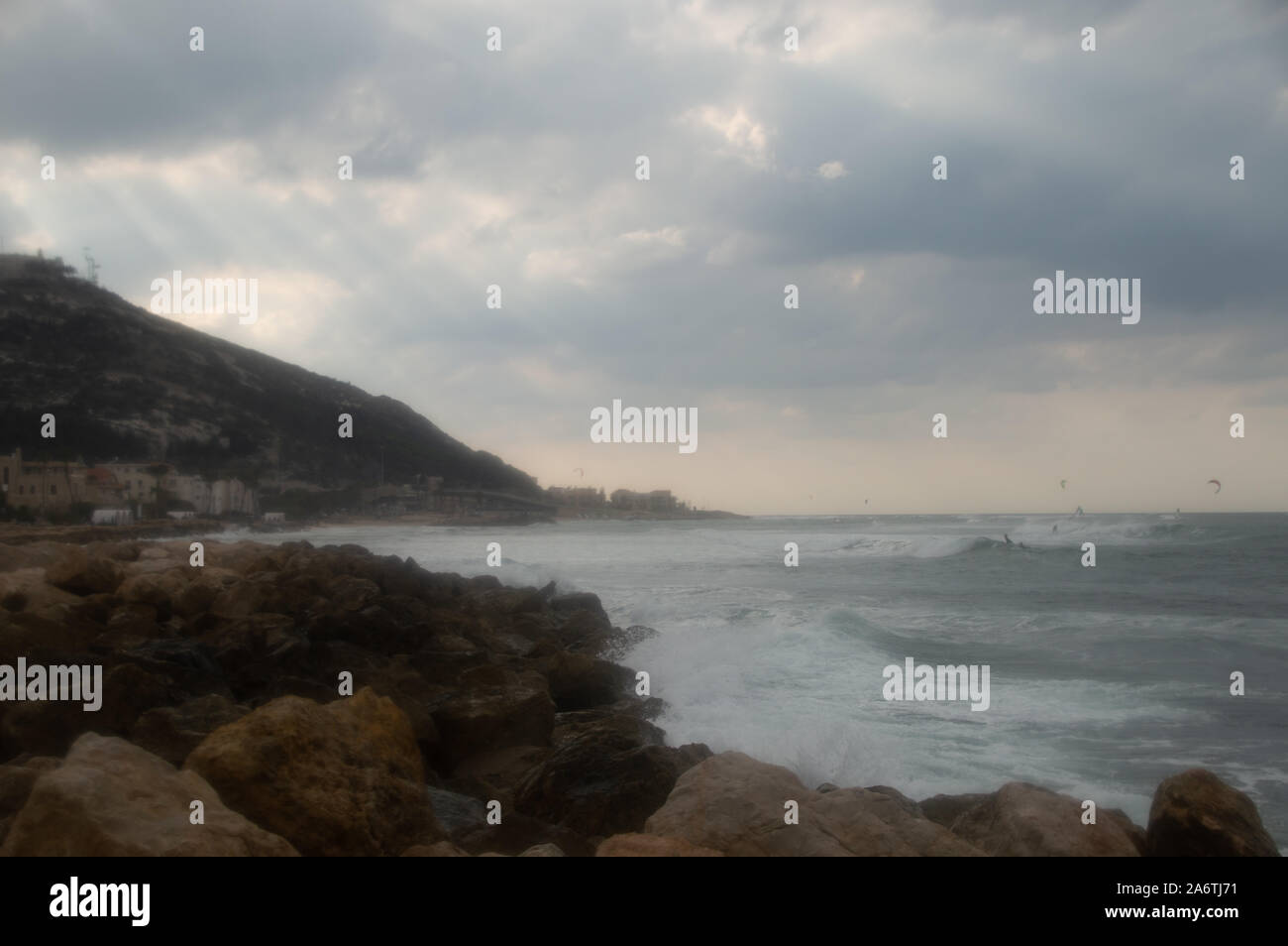 Bat Galim beach in haifa, Israel capturing waves before the storm Stock ...