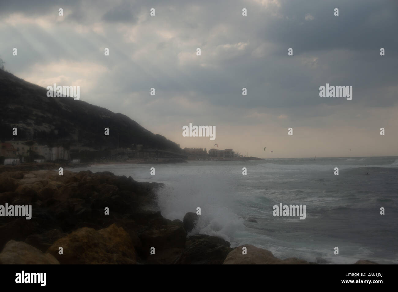 Bat Galim beach in haifa, Israel capturing waves before the storm Stock ...