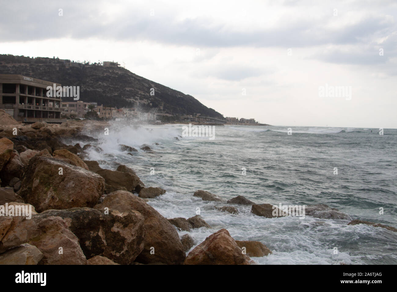 Bat Galim beach in haifa, Israel capturing waves before the storm Stock ...