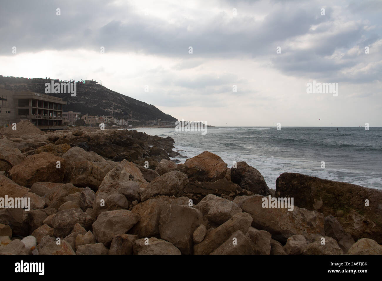 Bat Galim beach in haifa, Israel capturing waves before the storm Stock ...