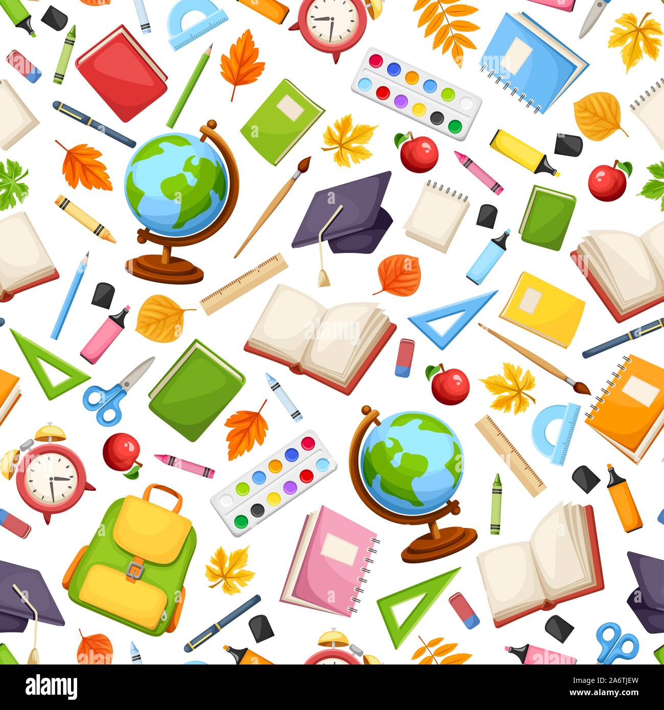 Vector seamless pattern with various school supplies on a white ...