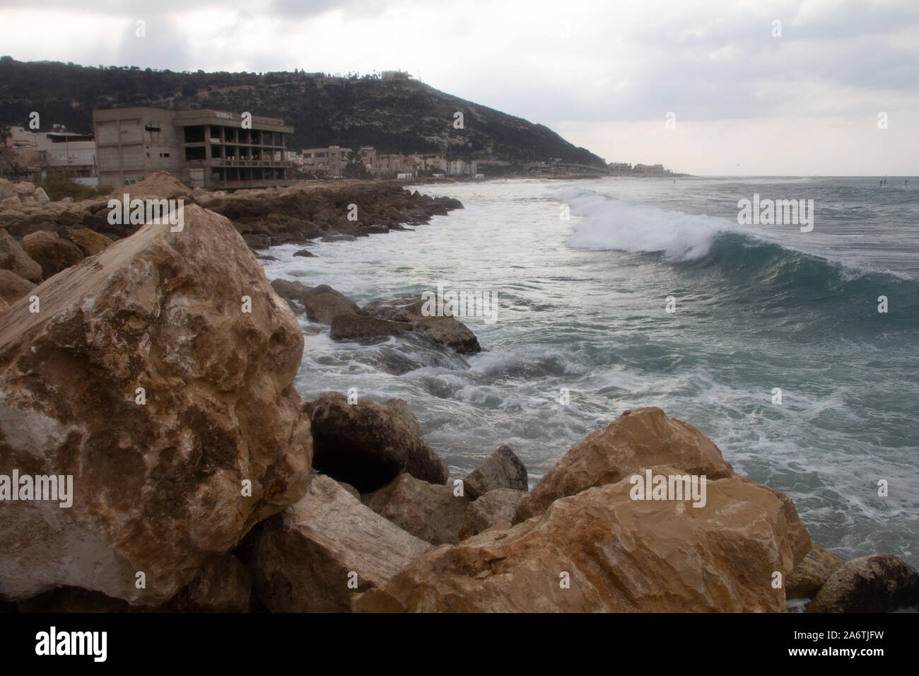 Bat Galim beach in haifa, Israel capturing waves before the storm Stock ...