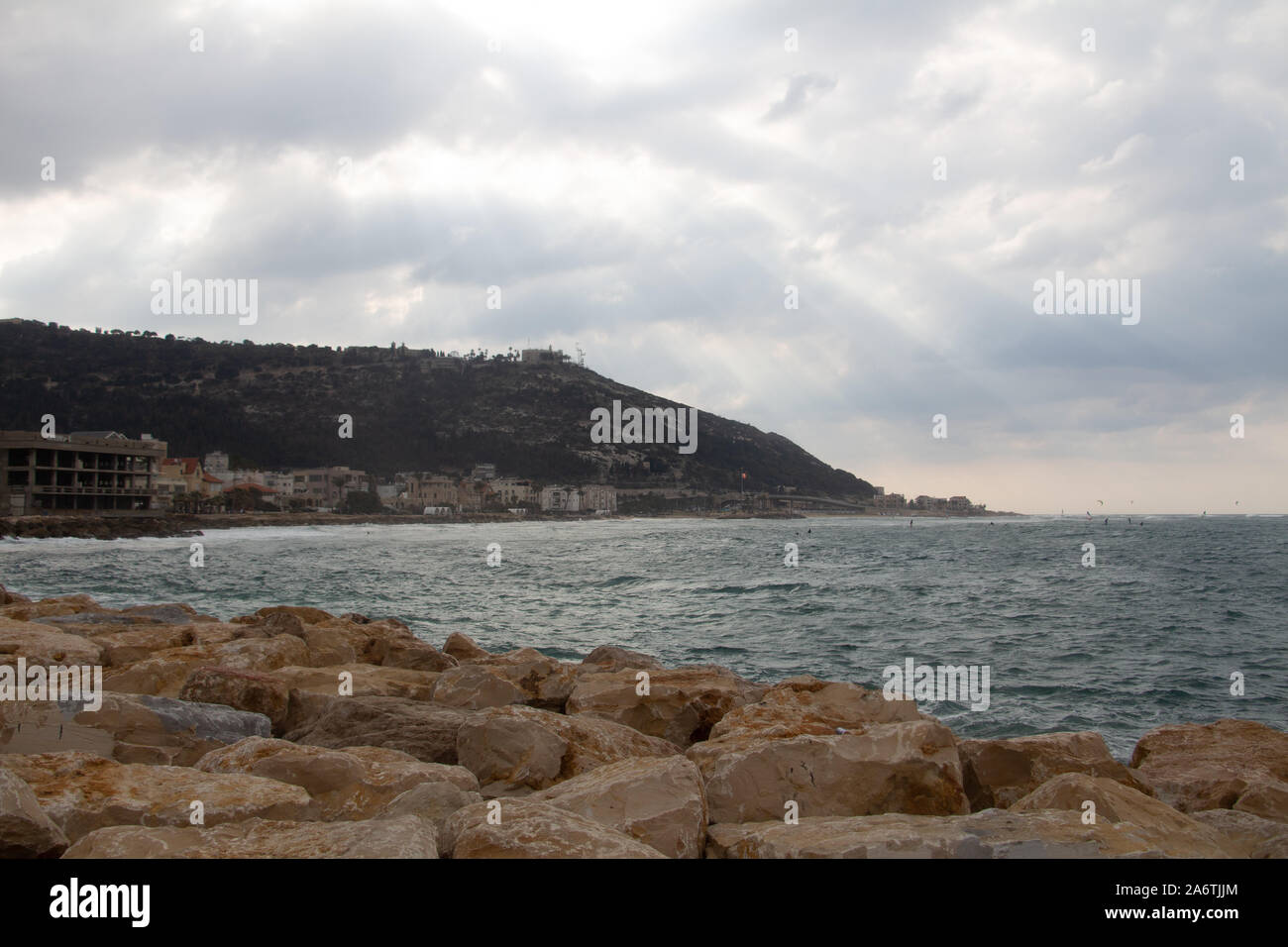 Bat Galim beach in haifa, Israel capturing waves before the storm Stock ...