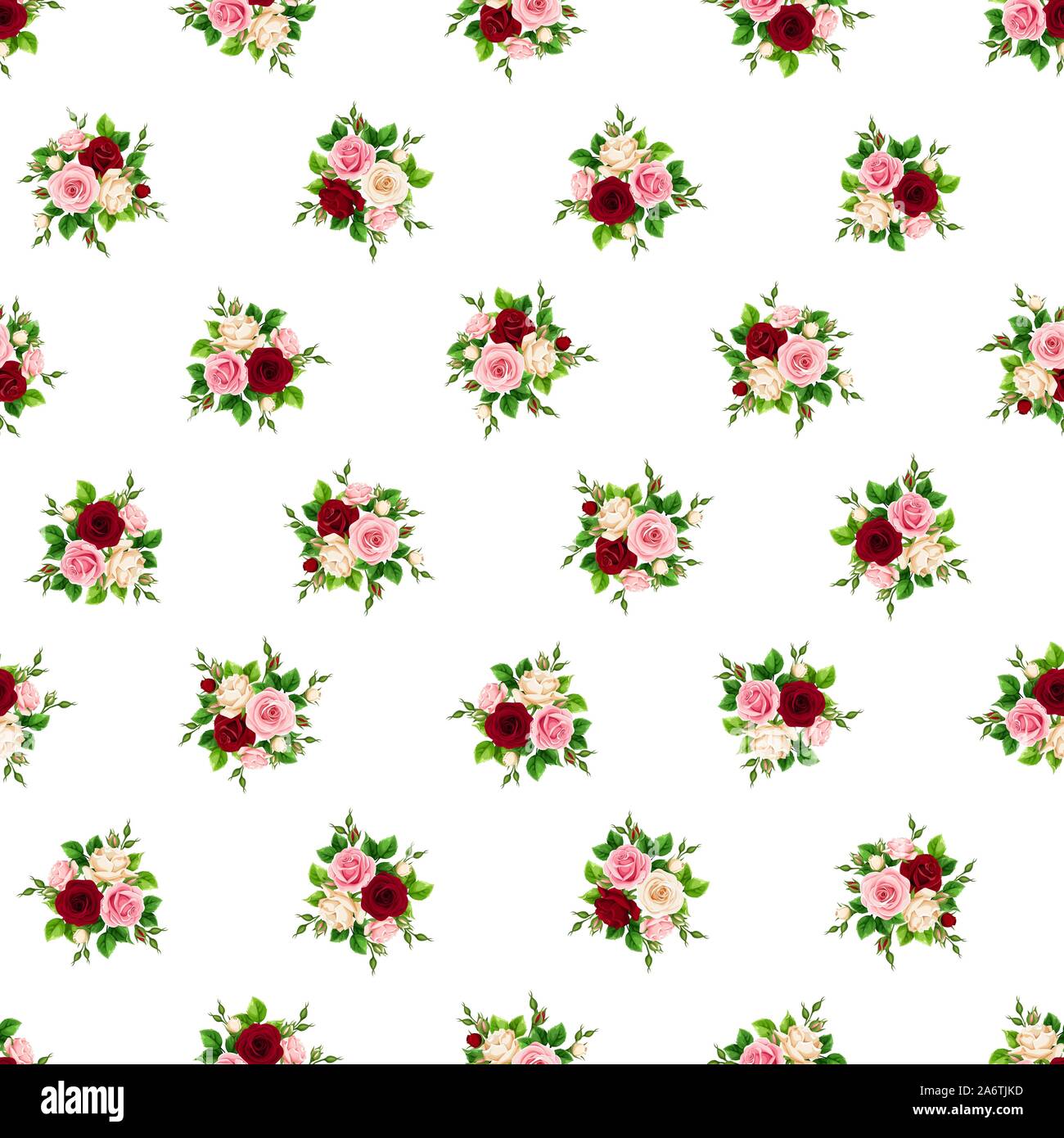 Vector seamless pattern with pink, burgundy and white roses on a white ...
