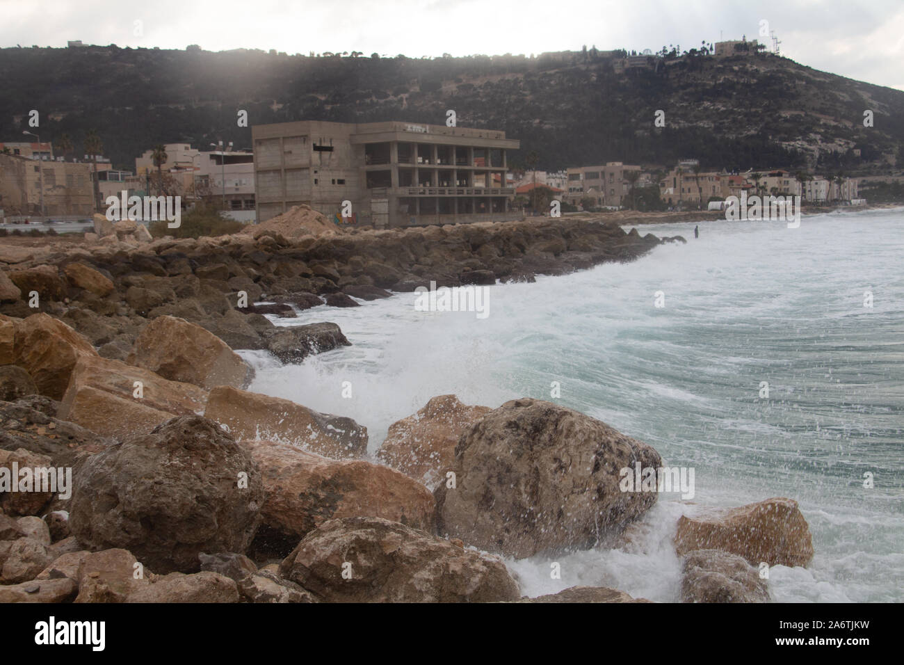 Bat Galim beach in haifa, Israel capturing waves before the storm Stock ...
