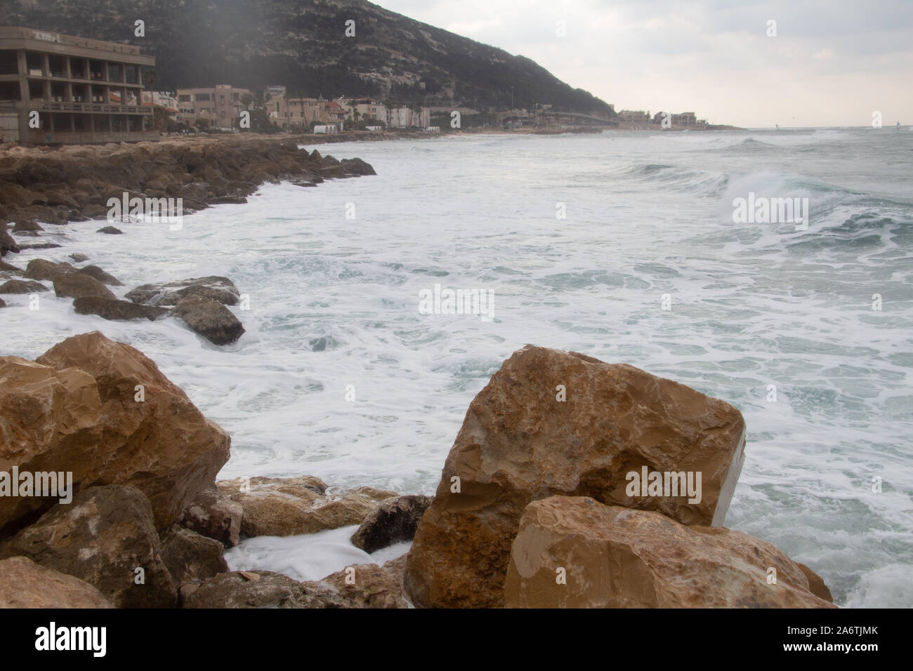 Bat Galim beach in haifa, Israel capturing waves before the storm Stock ...