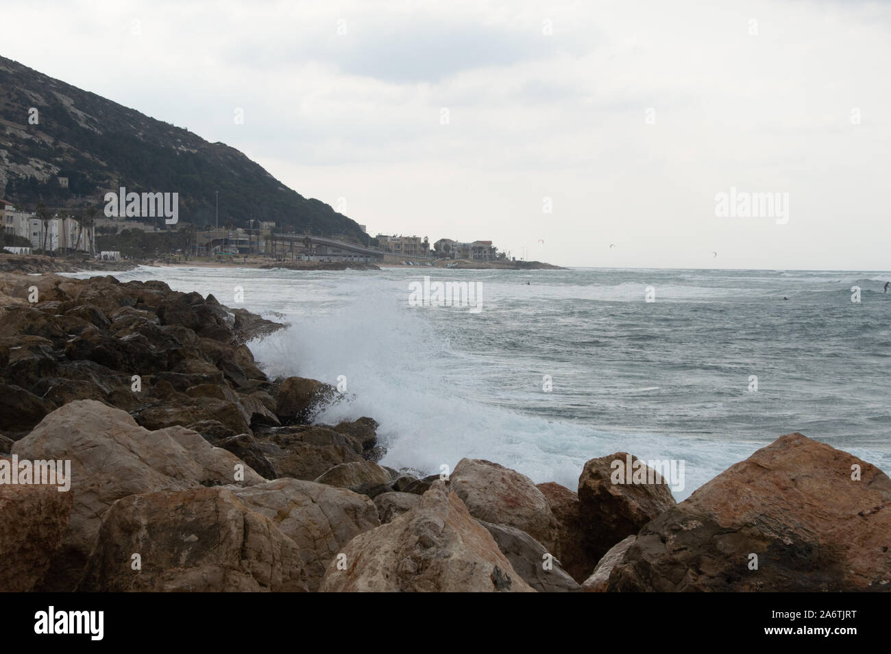 Bat Galim beach in haifa, Israel capturing waves before the storm Stock ...