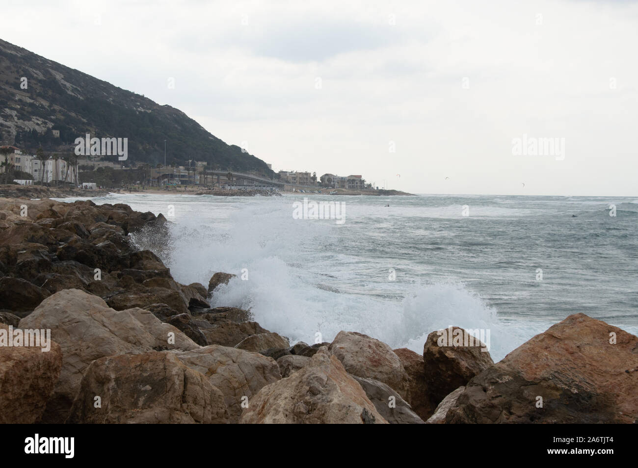 Bat Galim beach in haifa, Israel capturing waves before the storm Stock ...