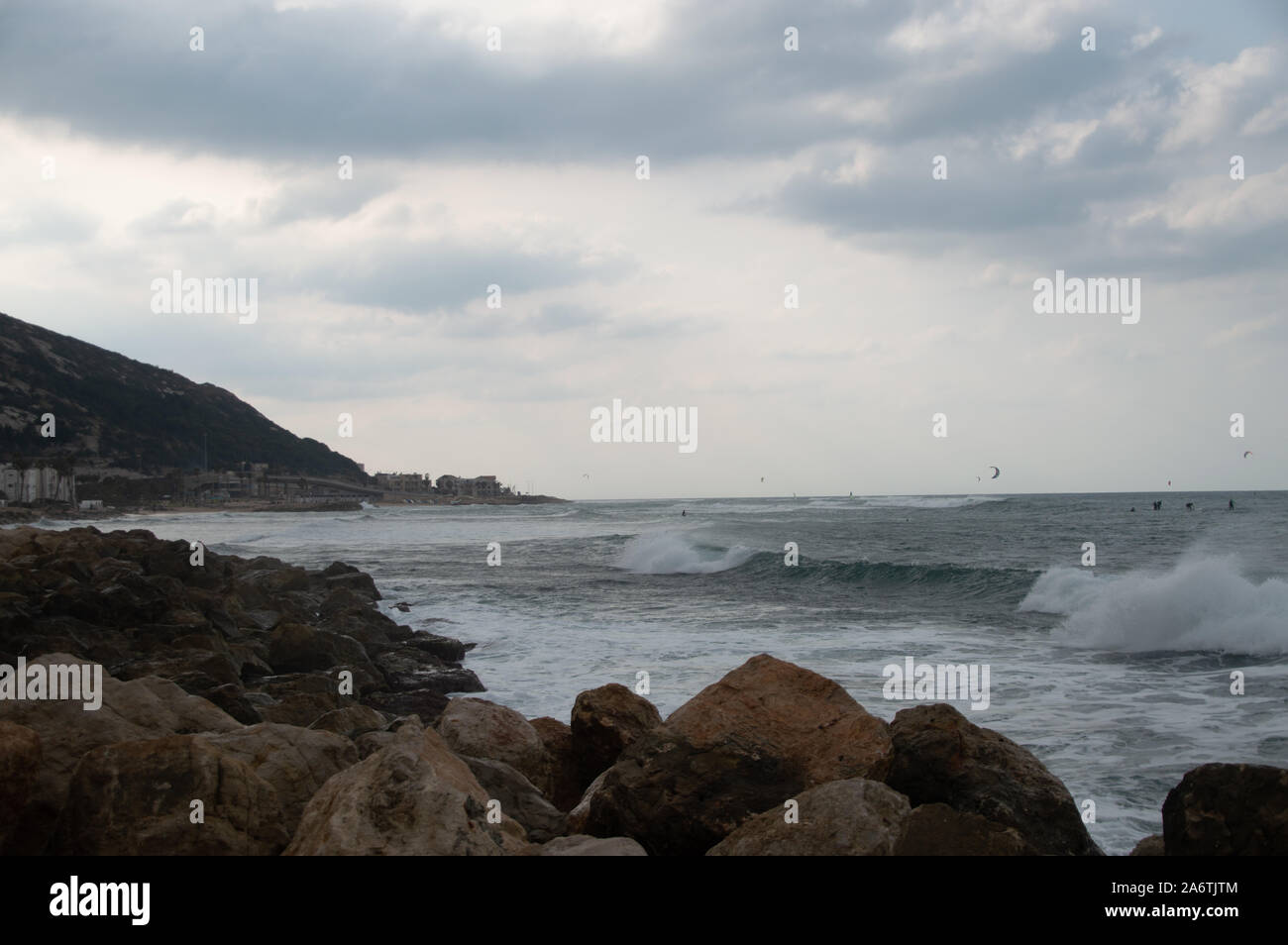 Bat Galim beach in haifa, Israel capturing waves before the storm Stock ...
