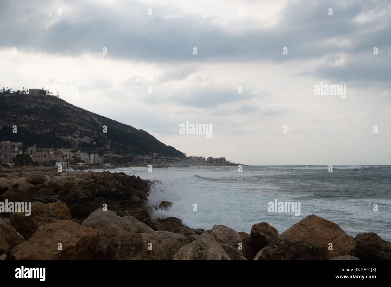 Bat Galim beach in haifa, Israel capturing waves before the storm Stock ...