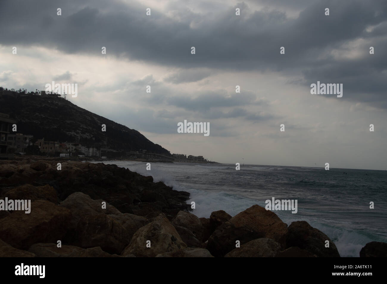 Bat Galim beach in haifa, Israel capturing waves before the storm Stock ...