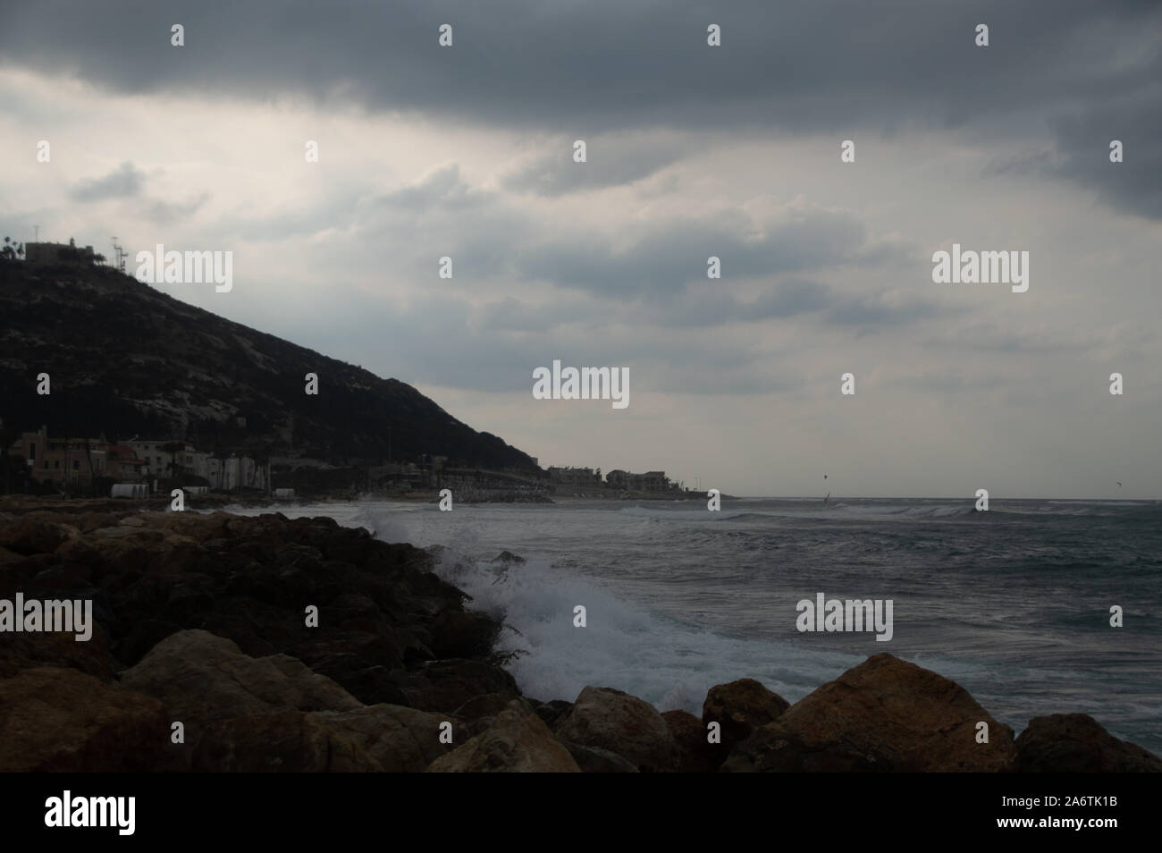 Bat Galim beach in haifa, Israel capturing waves before the storm Stock ...