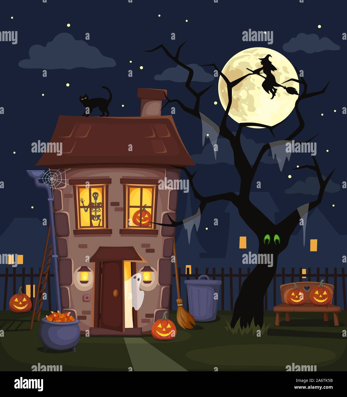 Halloween night city landscape with a haunted house, jack-o-lanterns ...