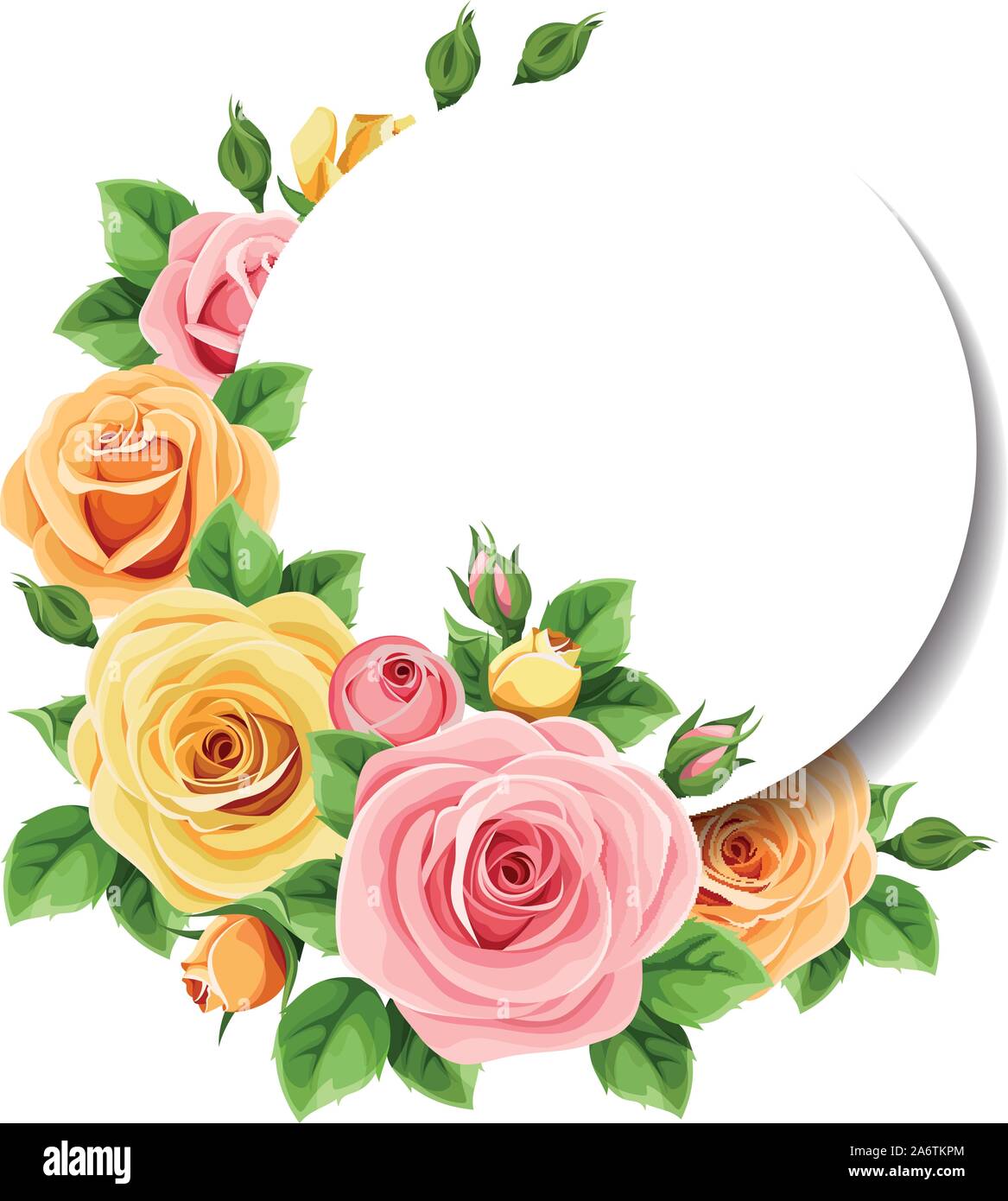 Vector circle card with pink, orange and yellow roses and green leaves ...