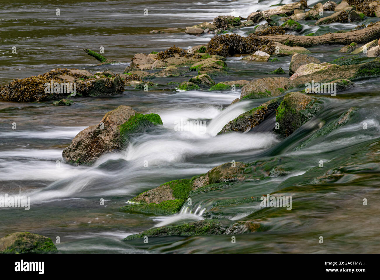 River Meavy water flowing over rocks at Lopwell Weir, Plymouth, Devon ...