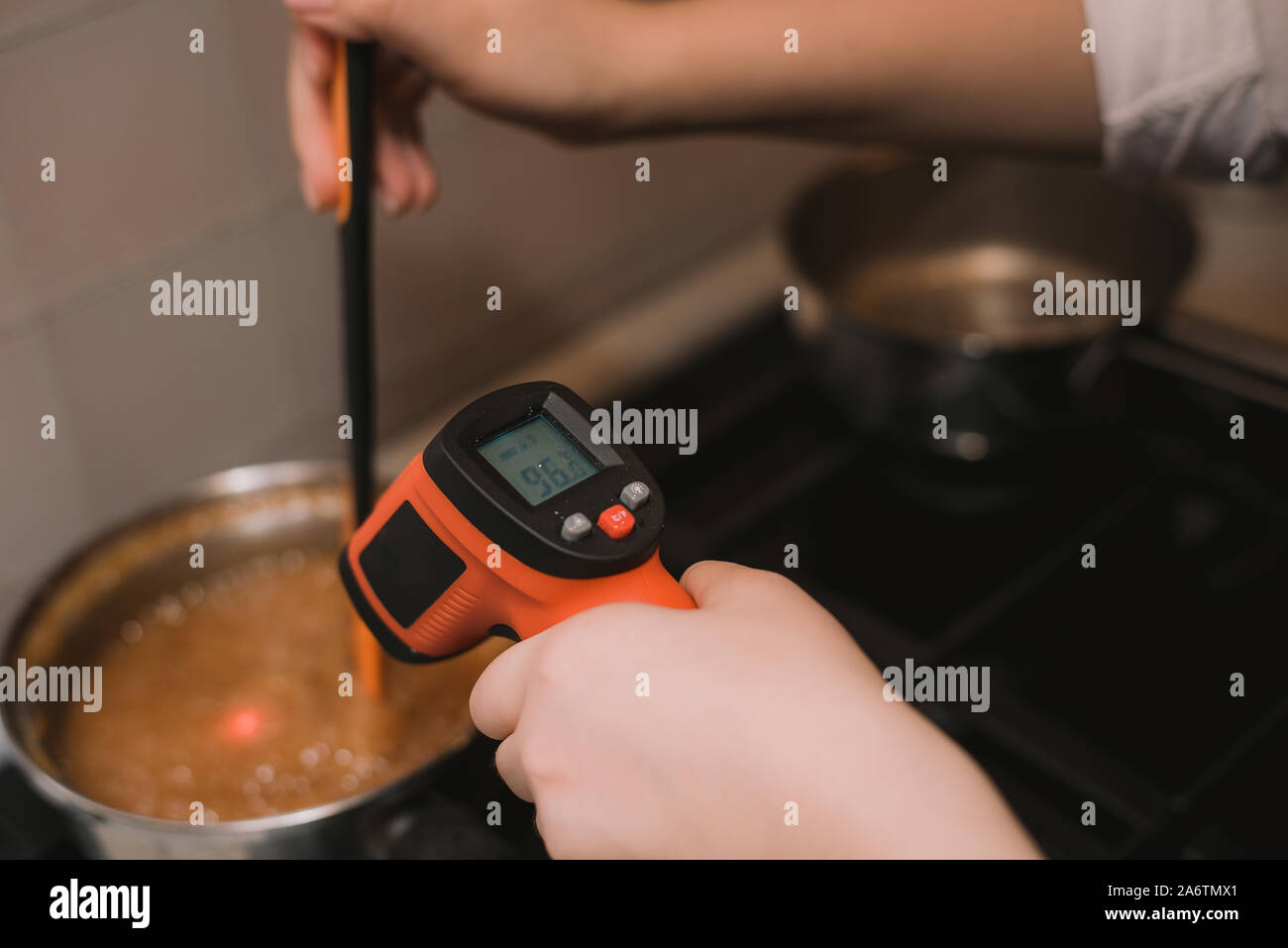 The cook measures the temperature of the dish with a special electronic ...