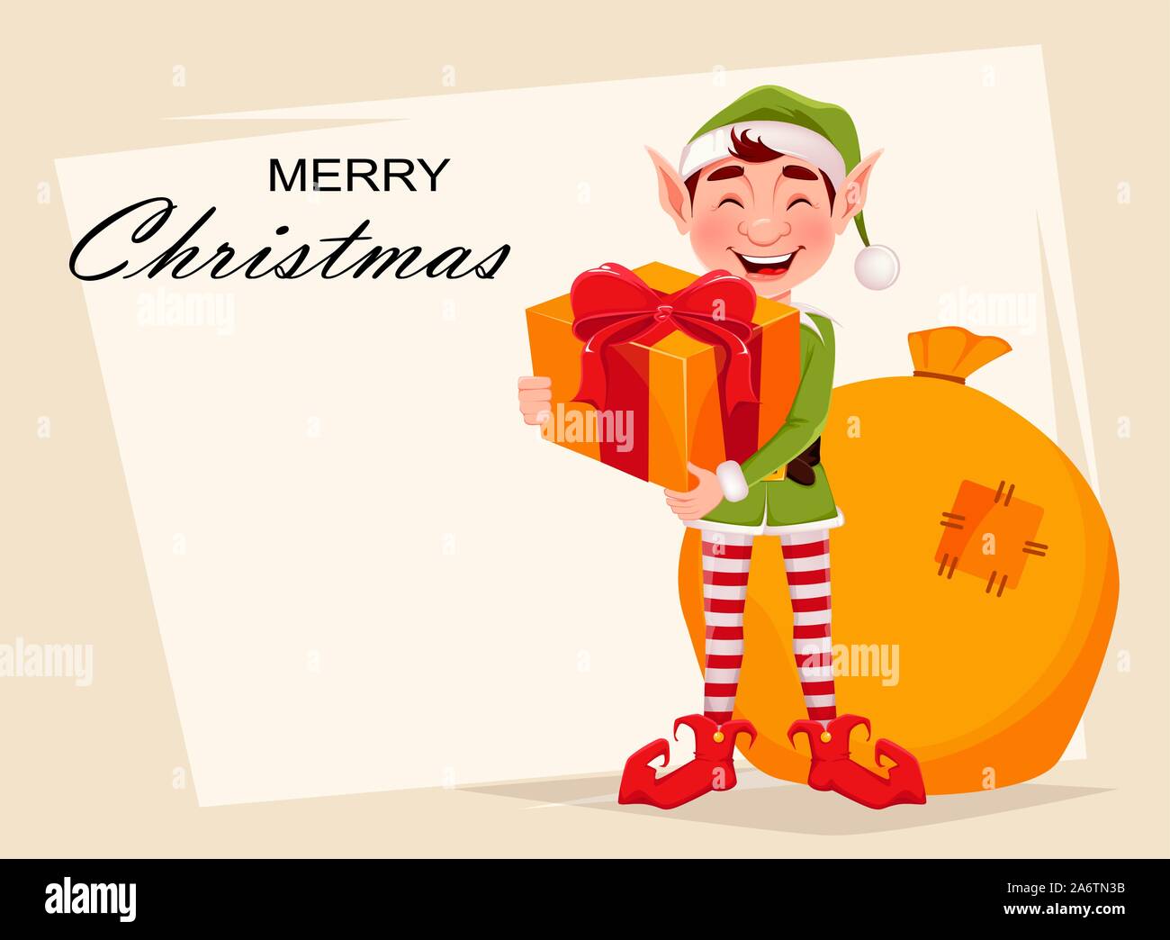 Merry Christmas greeting card with funny Elf. Santa Claus helper Elf ...