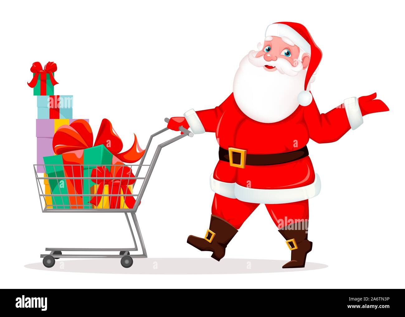 Merry Christmas. Cheerful Santa Claus with shopping cart full of ...