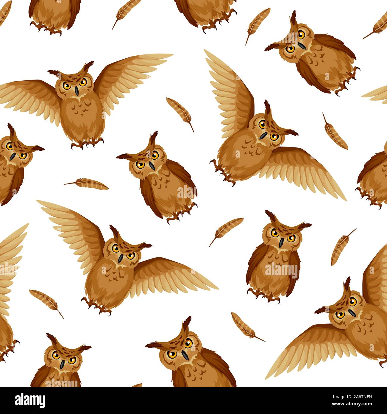 Vector Seamless Background With Brown Owls And Owl Feathers On A White 1052