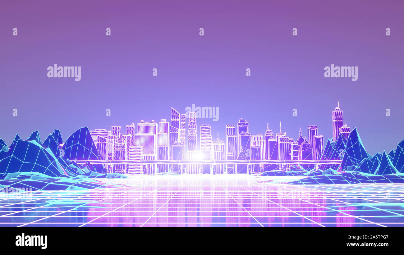 Retro futuristic skyscraper city 1980s style 3d illustration. Digital ...