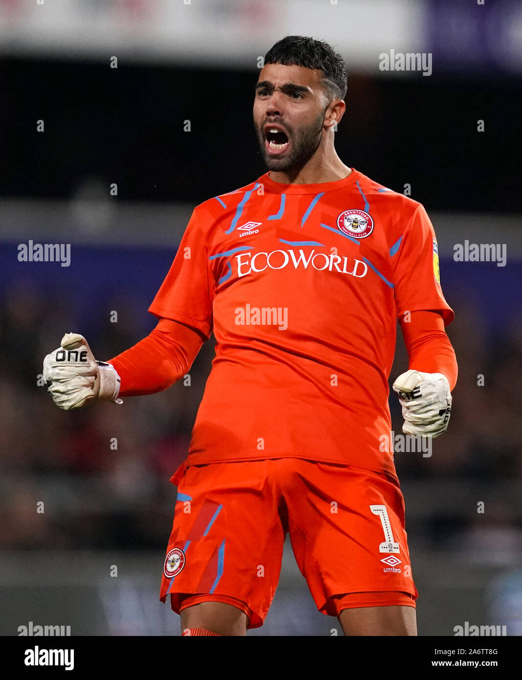 Brentford goalkeeper David Raya Martin celebrates after Ollie Watkins ...