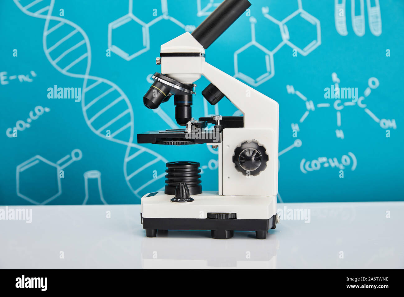 microscope on blue background with molecular structure Stock Photo - Alamy