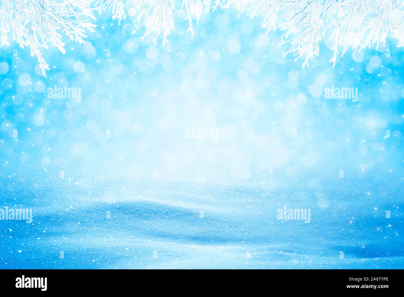 Natural sunny snow drifts background with shades, snowy branches and ...