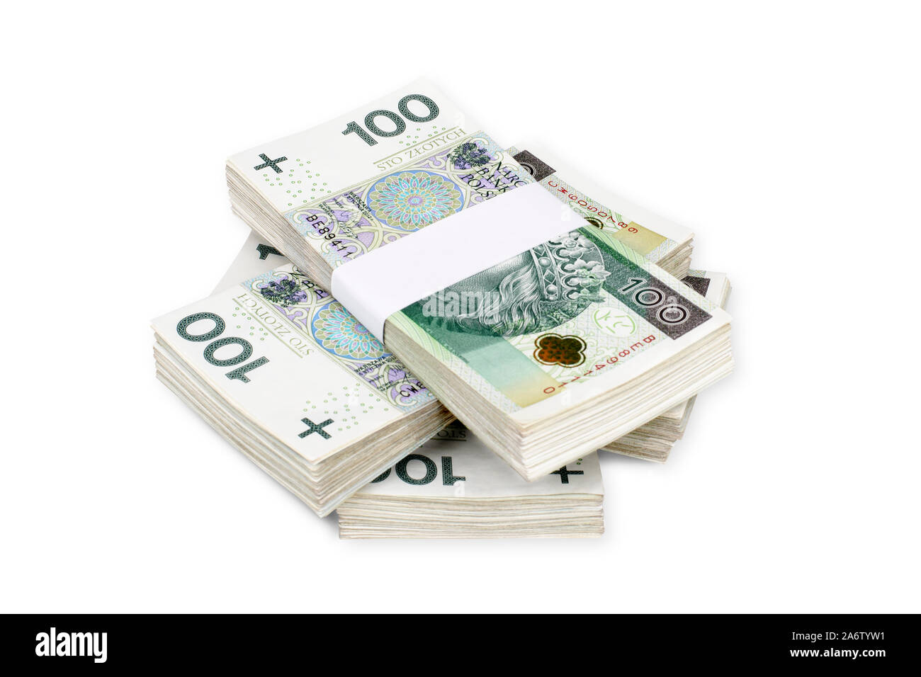Bundles of polish 100 zloty banknotes. Isolated on white. Clipping path ...