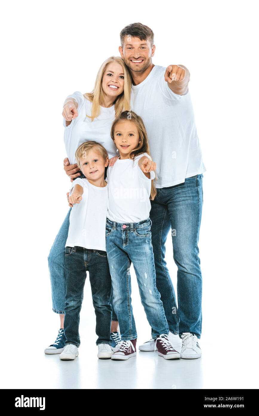 happy family pointing with fingers and smiling on white Stock Photo - Alamy