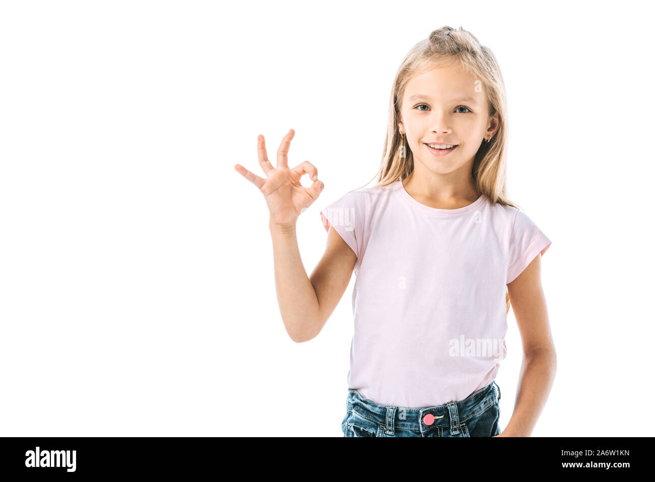 cheerful kid showing ok sign and smiling isolated on white Stock Photo ...