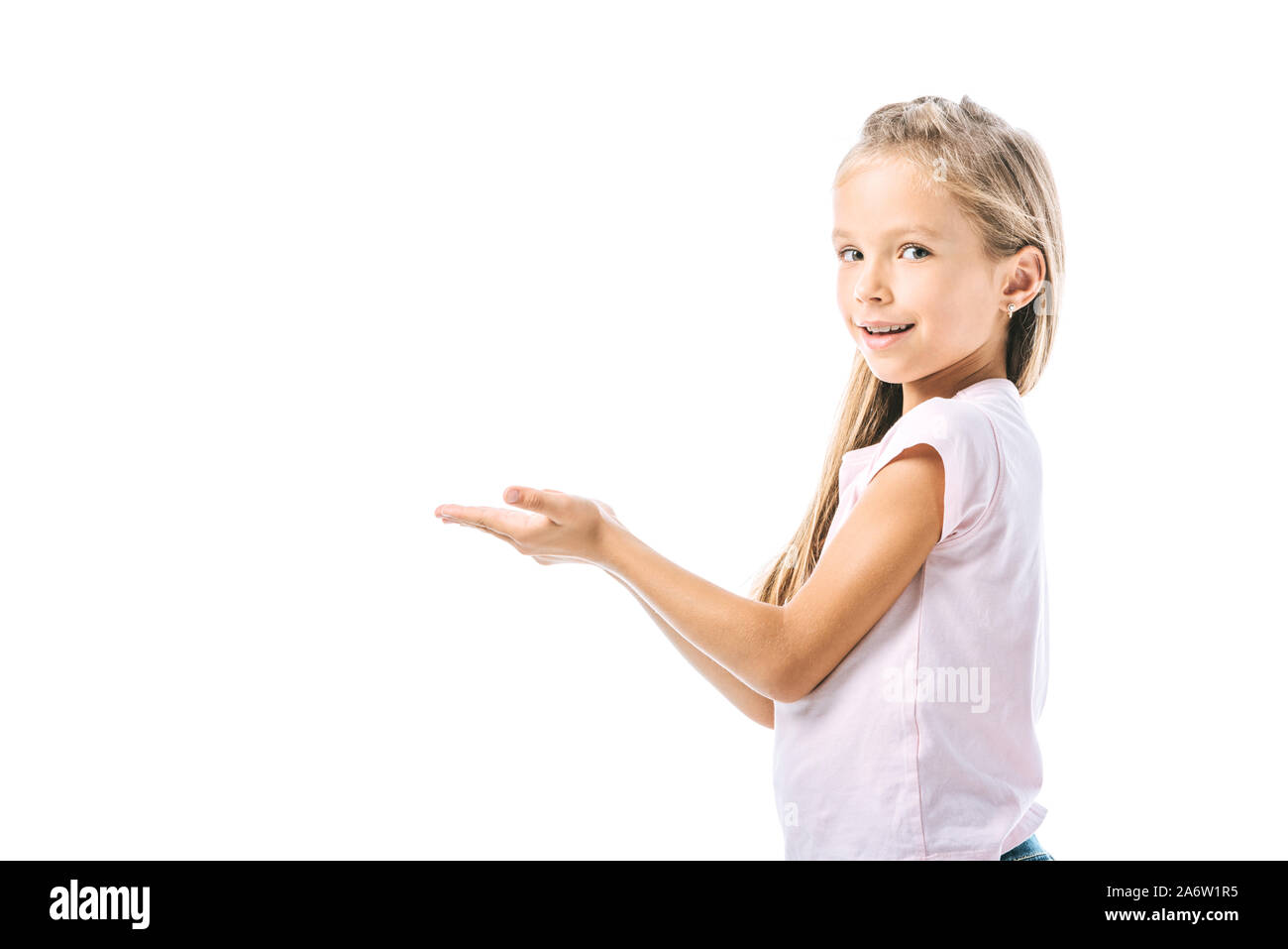 positive and cute kid pointing with hands isolated on white Stock Photo ...