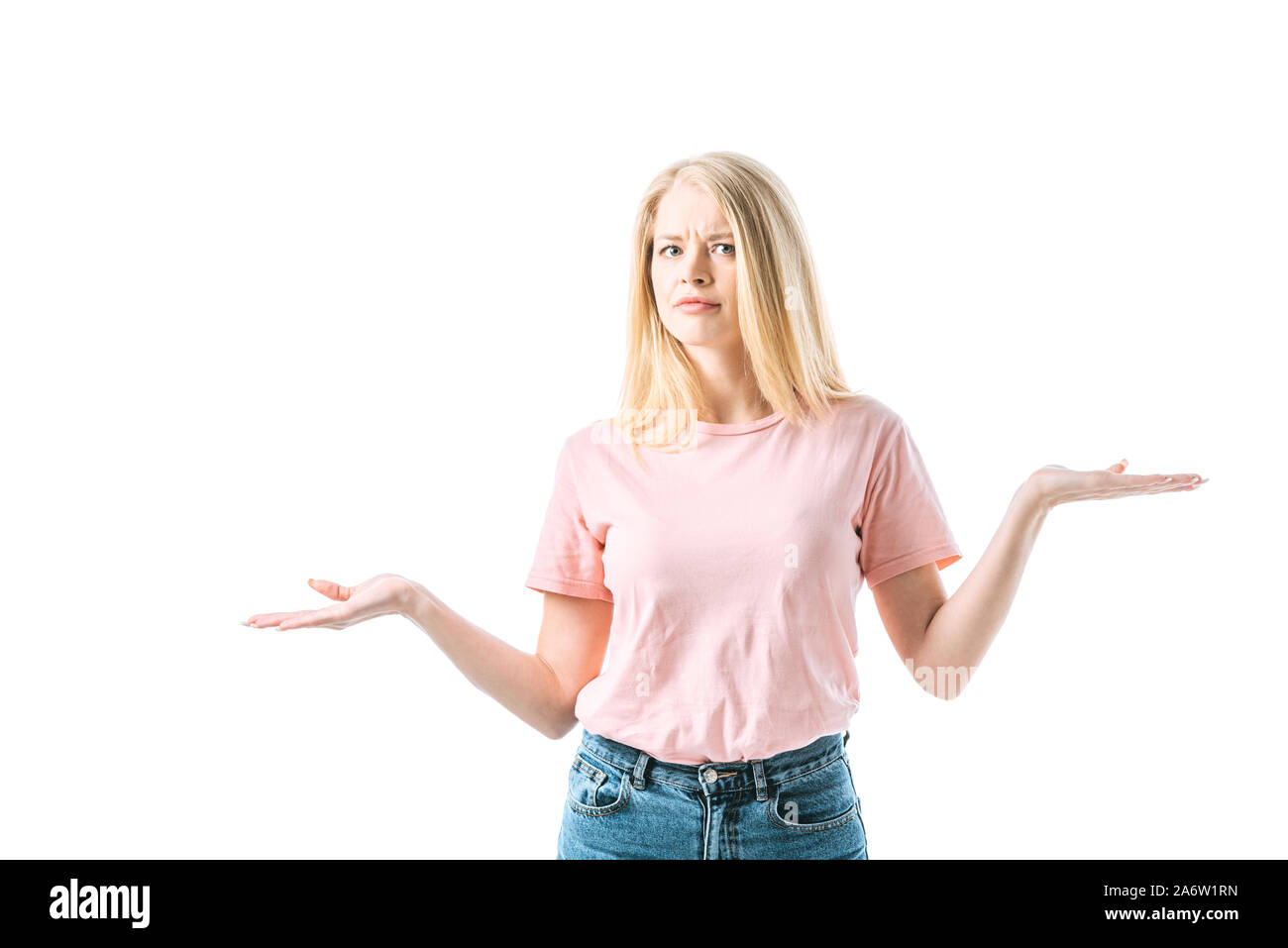 attractive woman showing shrug gesture isolated on white Stock Photo ...