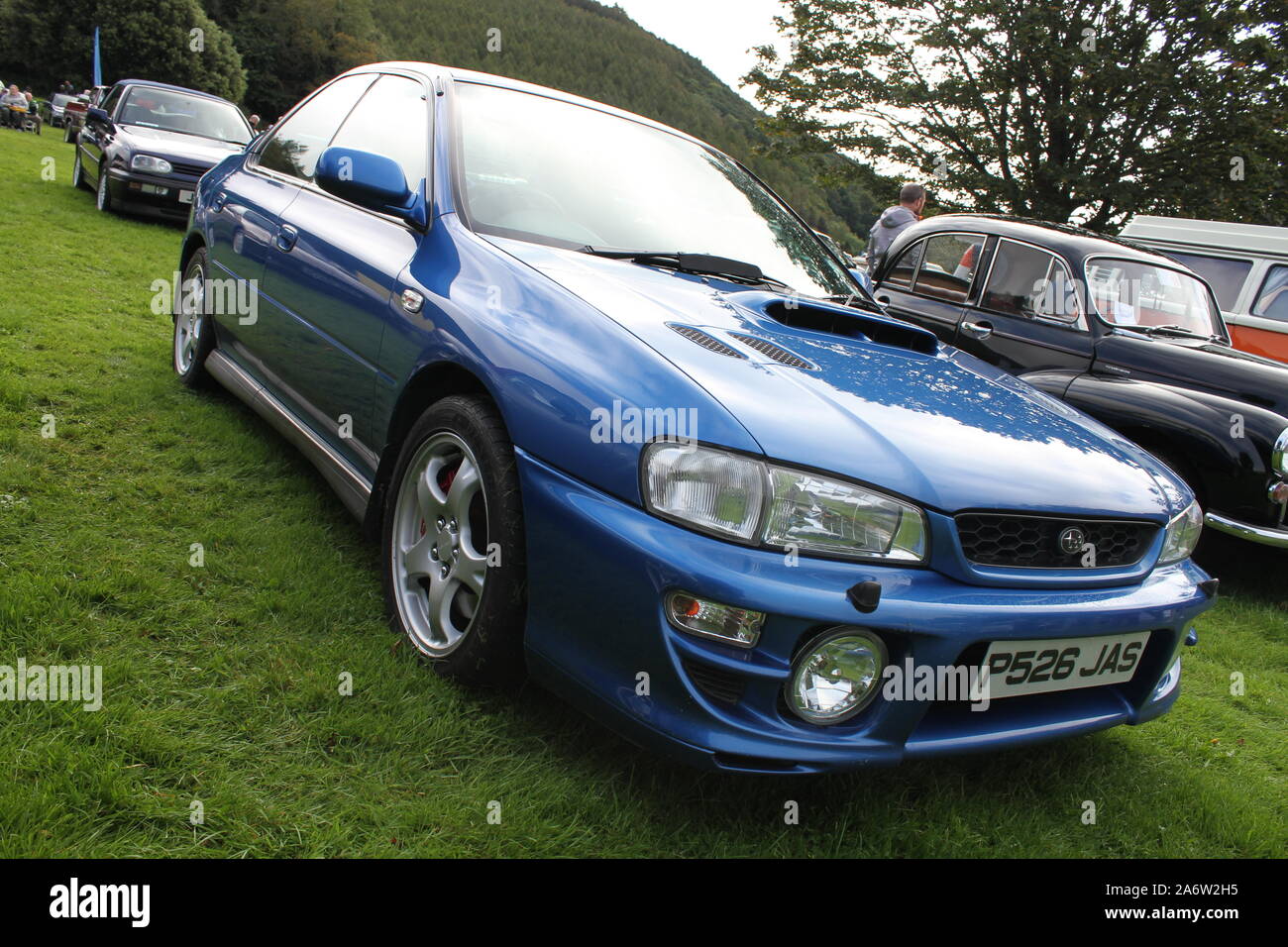 Front View of a blue 2000 Subaru Impreza car seen at Kilbroney Vintage ...