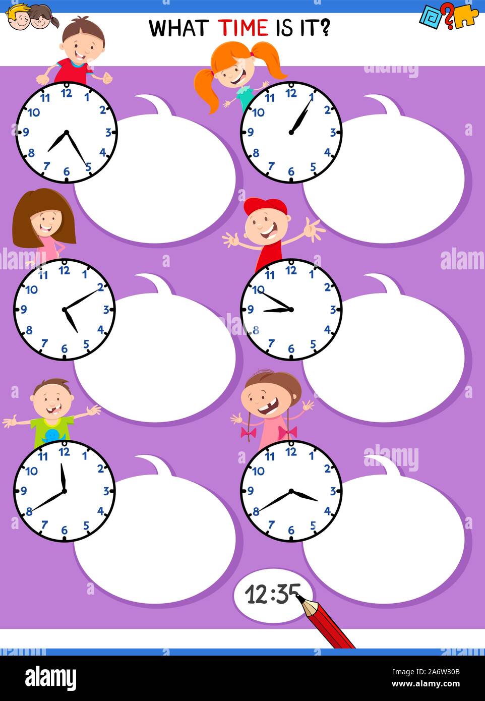 Cartoon Illustrations of Telling Time Educational Activity with Clock ...
