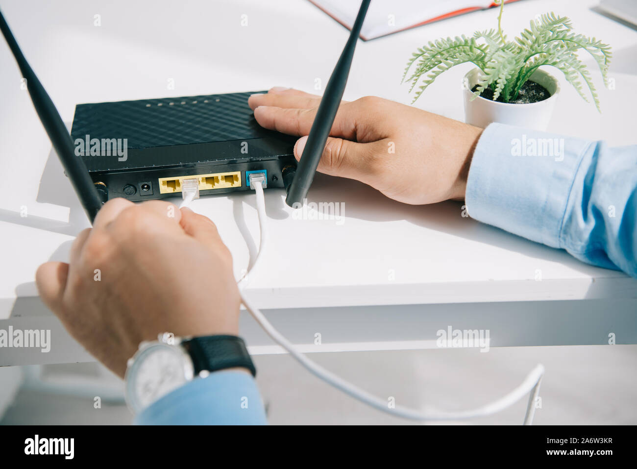 partial view of businessman plugging router on office desk Stock Photo ...