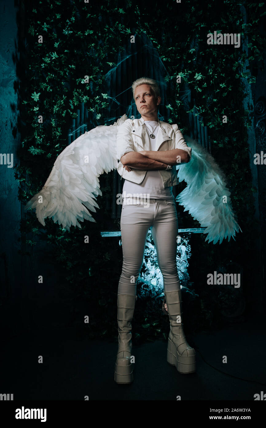 A portrait of a man with big feathered wings against a dark background ...