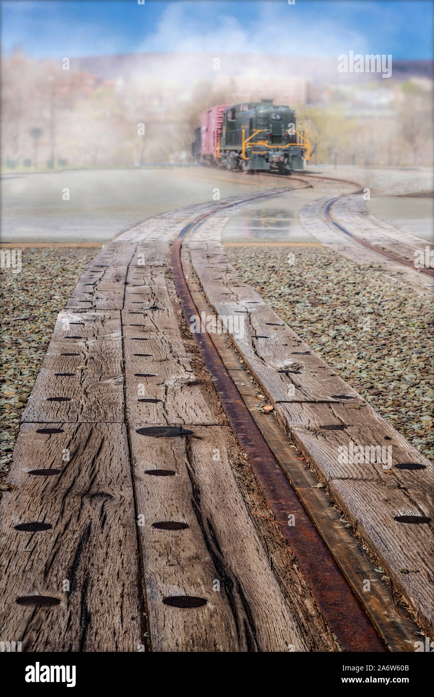 View of train tracks leading to the Alco RS3 built as RDG 467 (RS3 ...