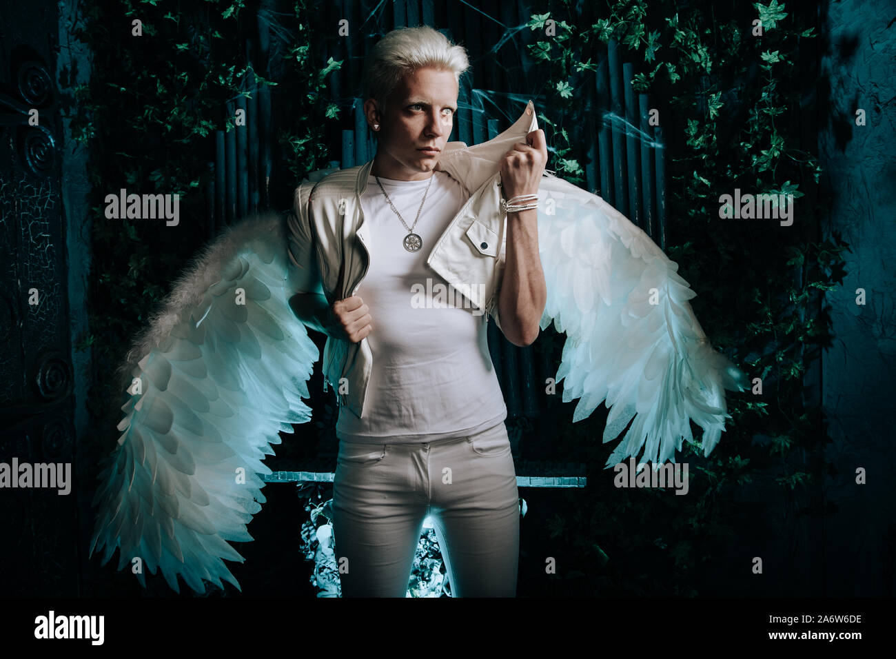 A portrait of a man with big feathered wings against a dark background ...