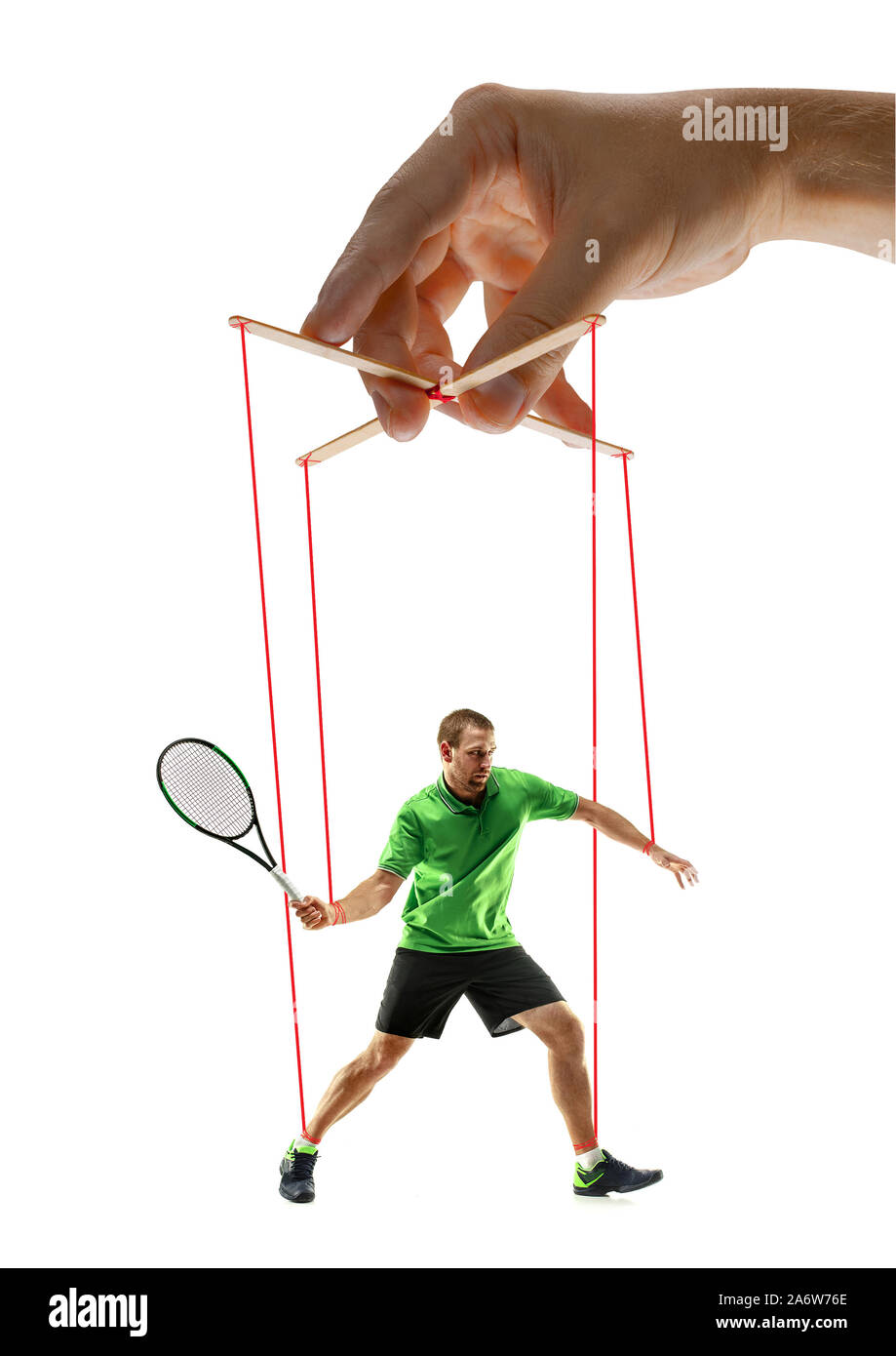 Man like a puppet in somebodies hands on white background. Concept of ...