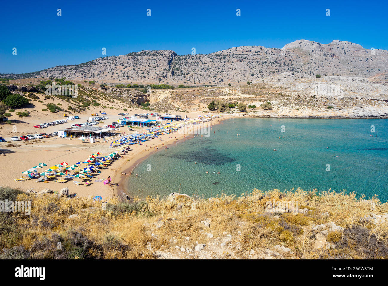 Overlooking the beautiful golden sandy Agathi Beach on the Dodecanese ...