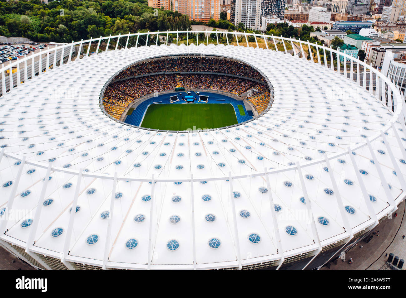KIEV, UKRAINE - JULY 30, 2019: Aerial view of the Olympic Stadium and ...