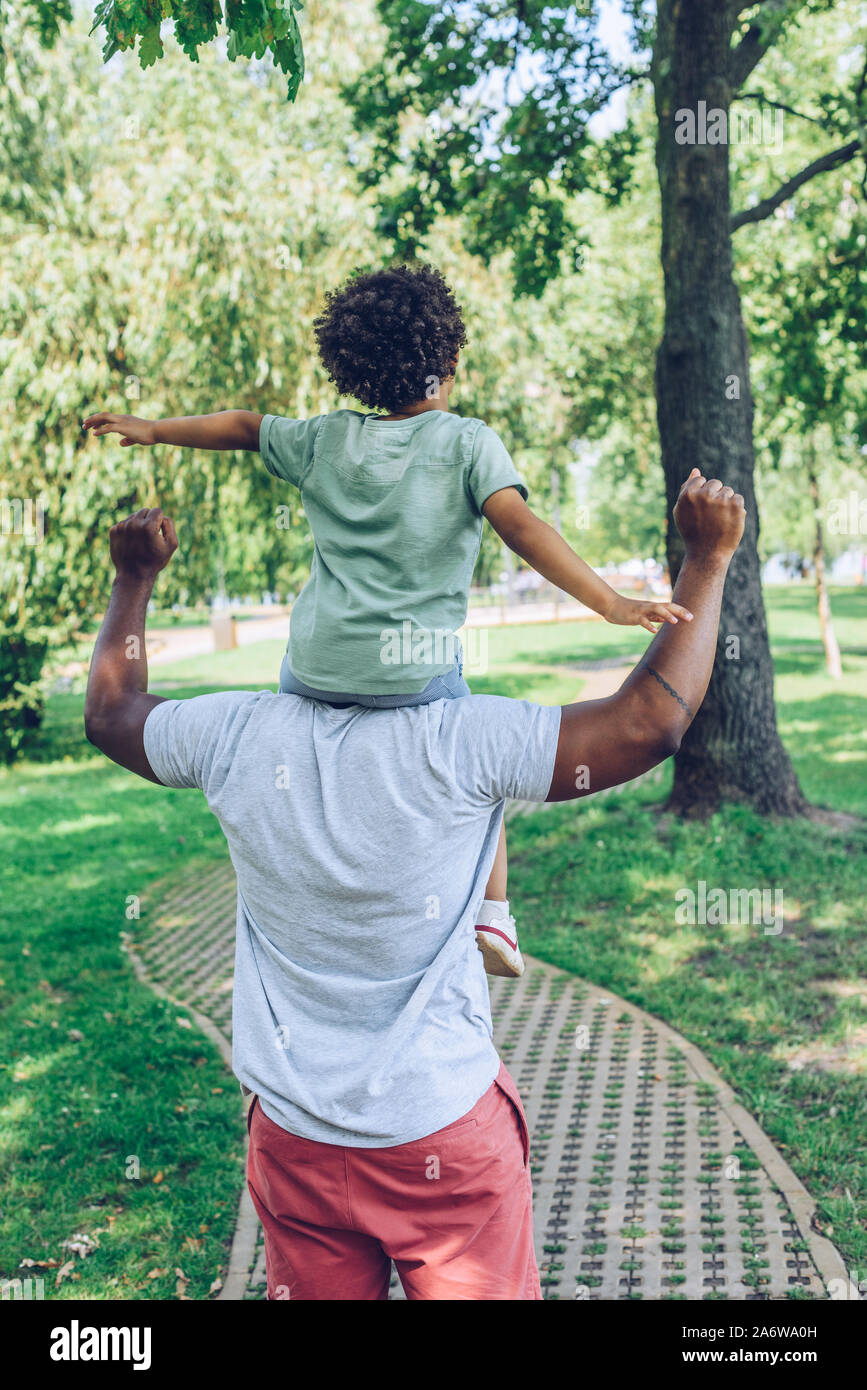 back view of african american boy imitating flying while piggybacking ...