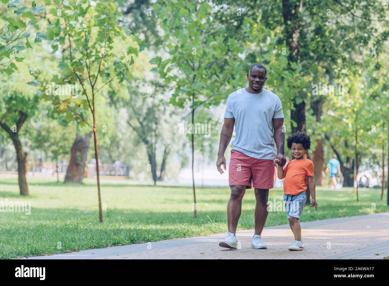 cheerful african american father and son holding hands while walking in ...