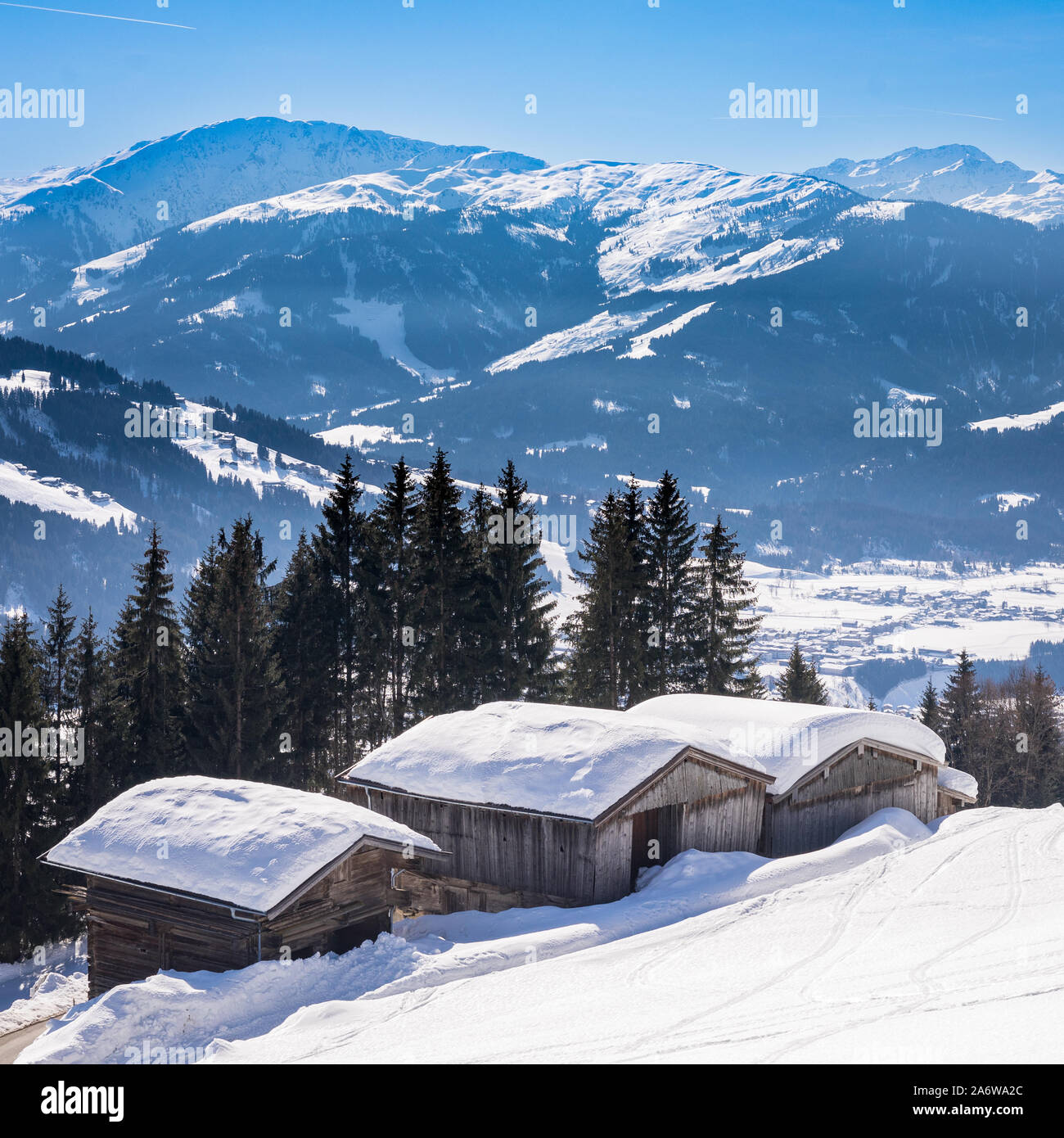 Three barns covered with snow on hill slope foreground with trees and ...