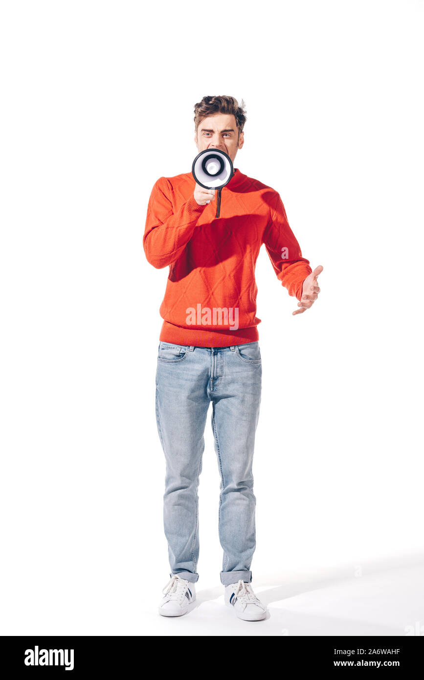 angry man yelling in megaphone, isolated on white Stock Photo - Alamy