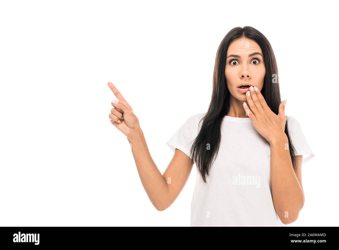 shocked woman pointing with finger isolated on white Stock Photo - Alamy