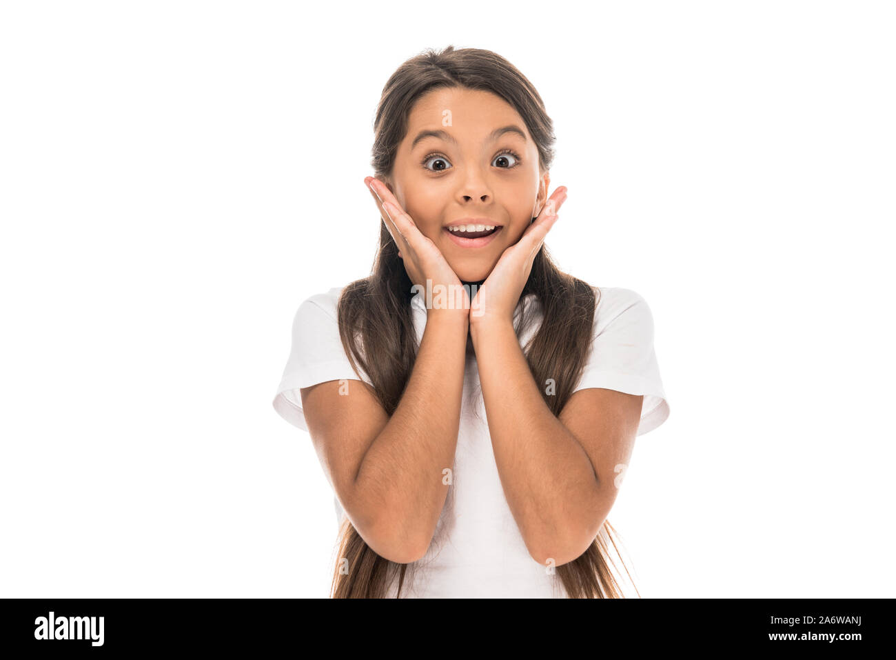 happy kid touching face isolated on white Stock Photo - Alamy
