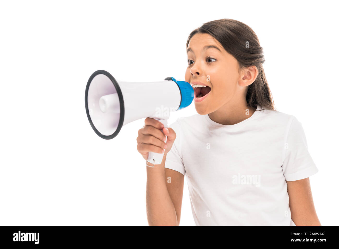 cute kid screaming in megaphone isolated on white Stock Photo - Alamy