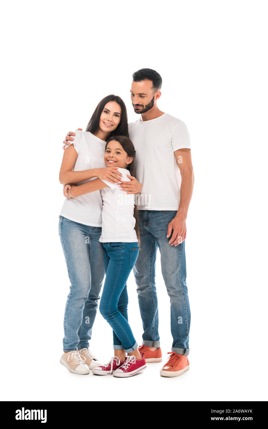 happy family hugging while standing isolated on white Stock Photo - Alamy
