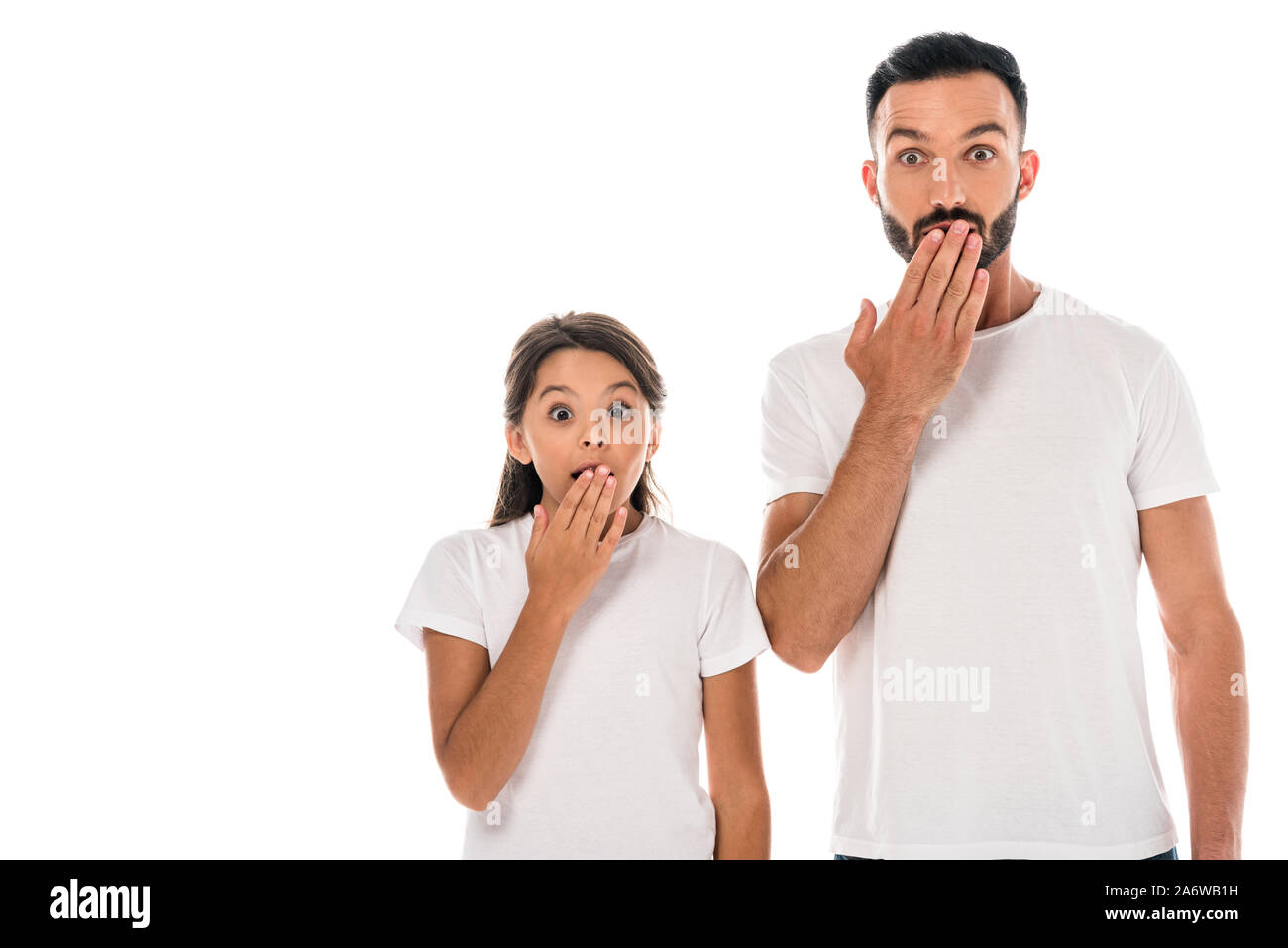 shocked father and daughter covering faces isolated on white Stock ...